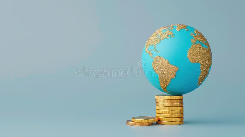 Coins Stacked High on a Globe Symbolize Wealths Power in a Globalized ...