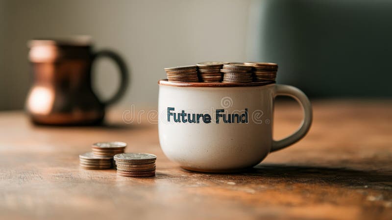 Coins Stacked in a Mug Labeled Future Fund on a Table. Stock Image ...