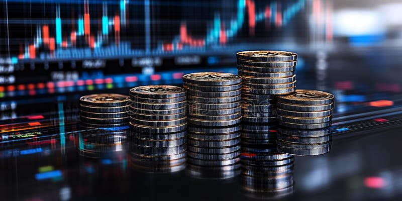 Coins Stacked on a Reflective Surface with a Vibrant Financial Graph in ...