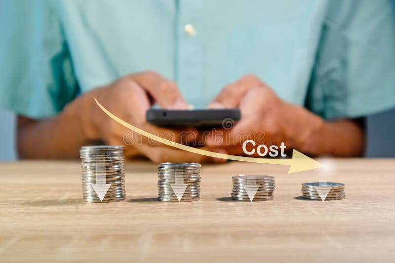 Coins Stacking with the Down Arrow and Man Using a Smartphone To ...