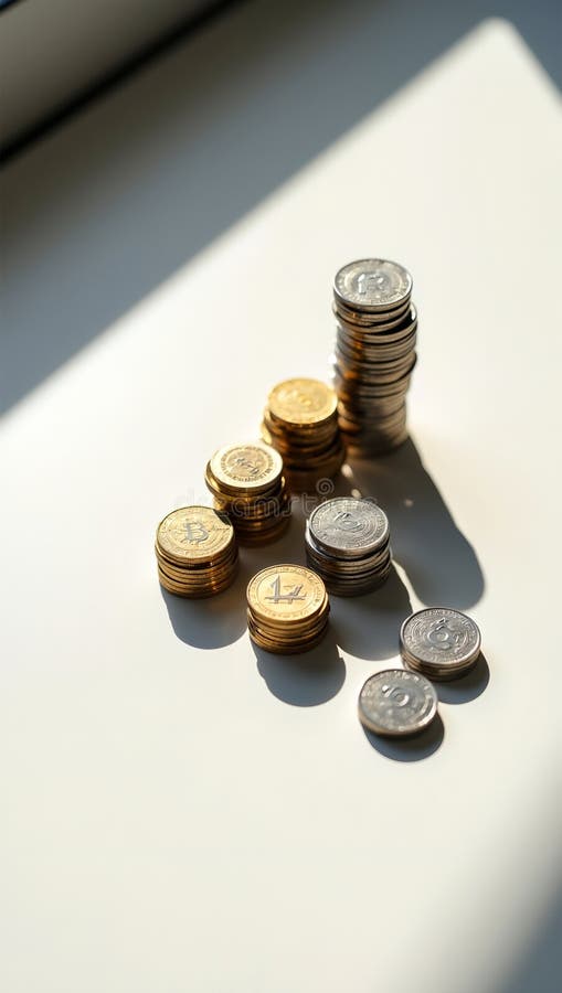Coins Stacks Cast Long Shadows on White Surface Symbolizing Wealth and ...