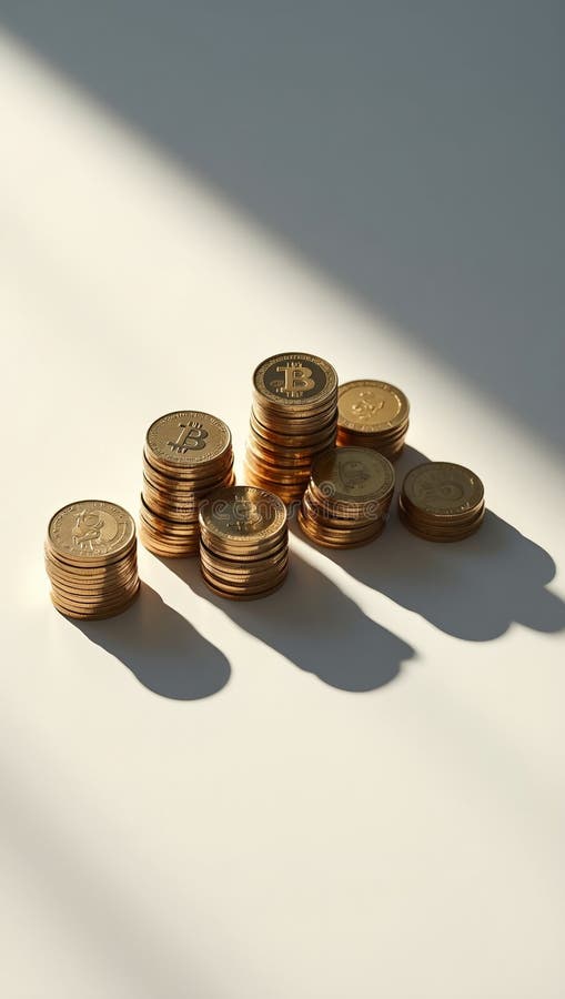Coins Stacks Cast Long Shadows on White Surface Symbolizing Wealth and ...