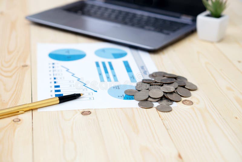 Coins Stacks with Notebook Laptop Computer Stock Image - Image of ...