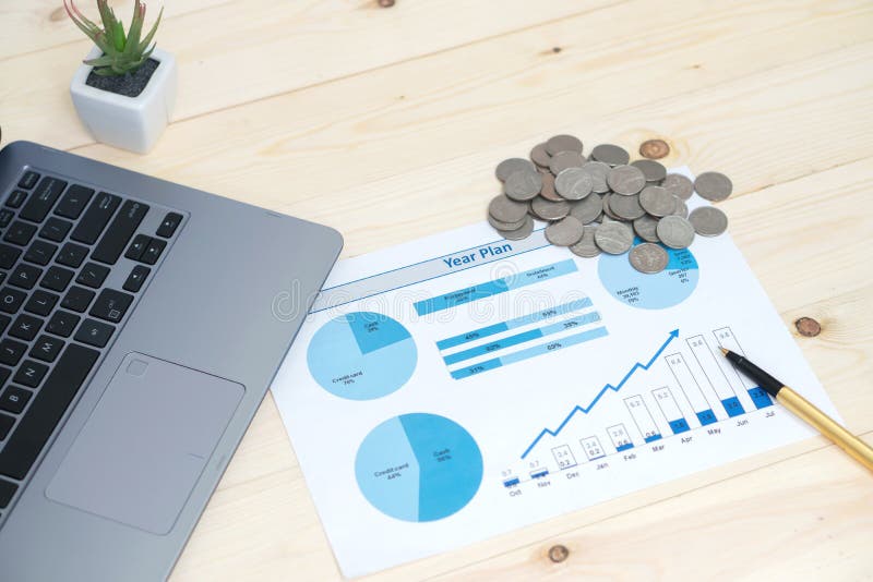 Coins Stacks with Notebook Laptop Computer Stock Image - Image of ...