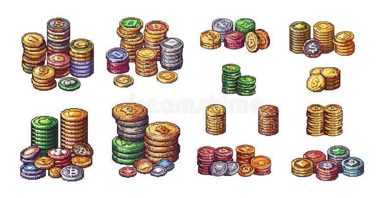 Coins Stacks Pixel Art Vector Set. Currency Crypto Chips Packs Video ...