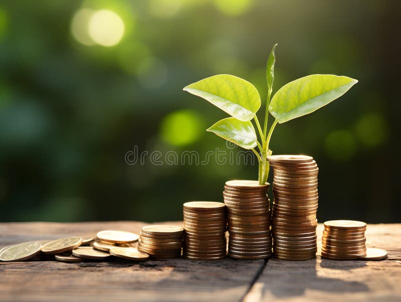 Coins Stacks and Sprout Growing. Saving Money in Progress Like Plant ...