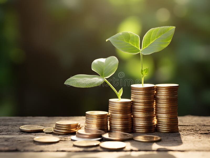 Coins Stacks and Sprout Growing. Saving Money in Progress Like Plant ...