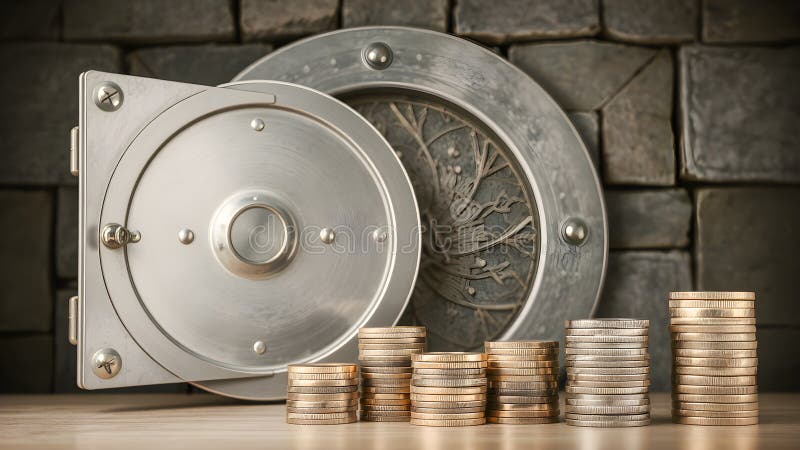 Coins Stacks and Steel Safe on Brick Wall Background Saving Money ...