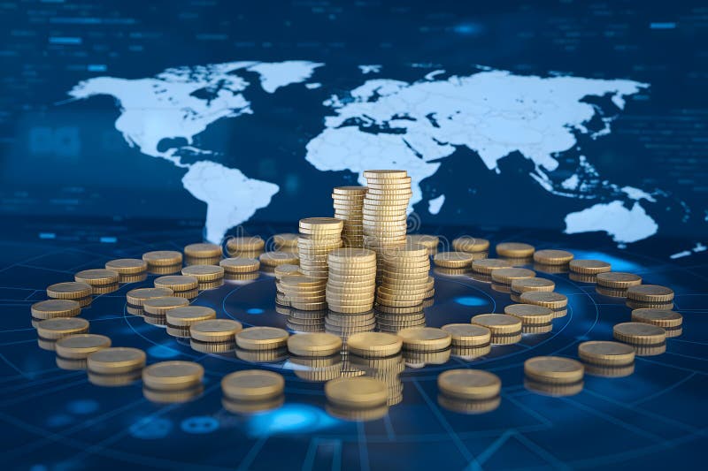Coins Surround a Digital World Map, Evoking Finance and Global ...