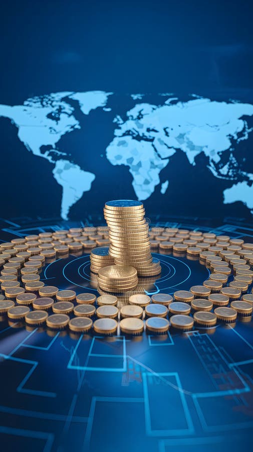 Coins Surround a Digital World Map, Evoking Finance and Global ...