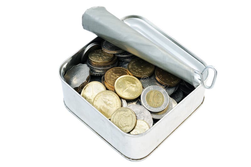 Tin can with coins stock photo. Image of recycle, steel - 12475638