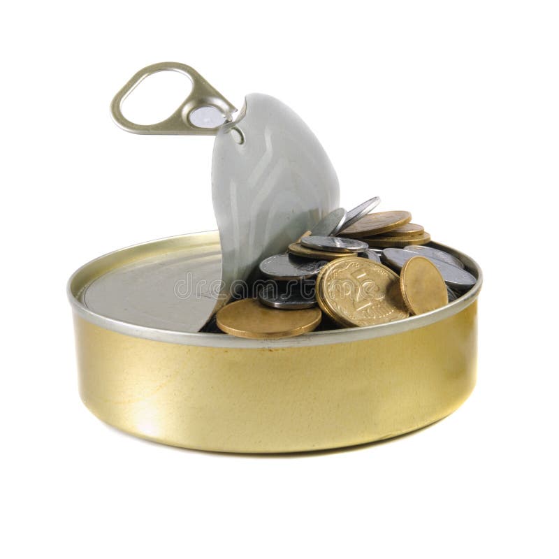 Coins in a tin can . stock image. Image of opening, bank - 14368311