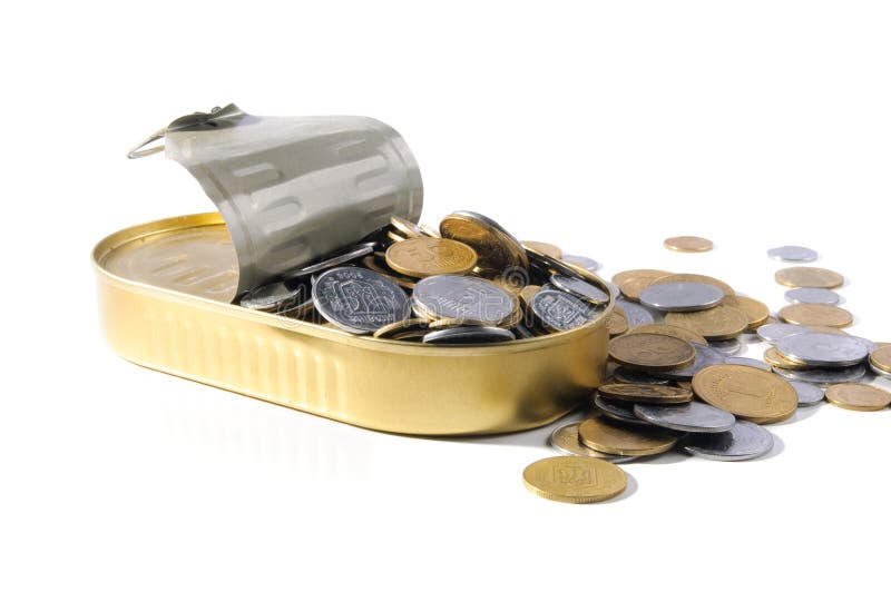 Coins in a tin can . stock photo. Image of reflection - 14461142