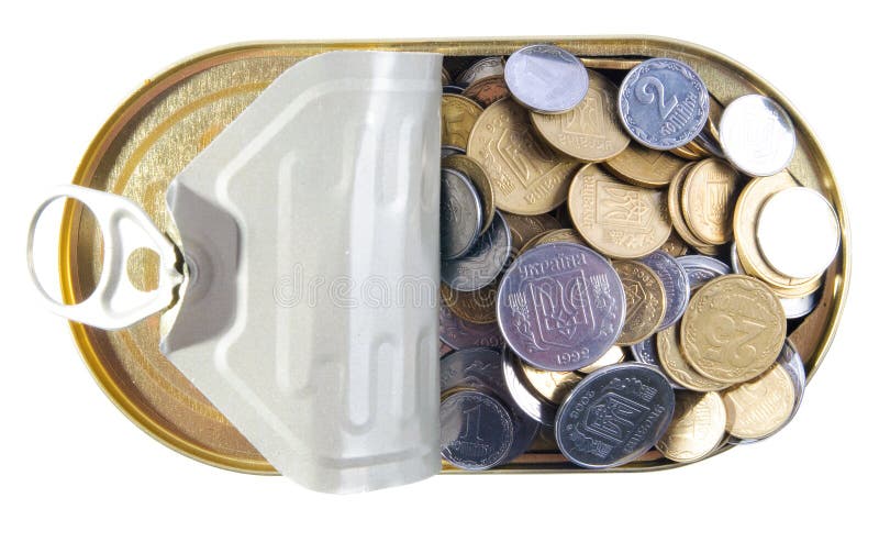 Coins in a tin can . stock image. Image of color, white - 14368329