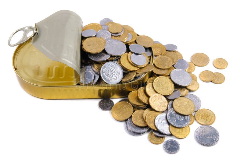 Coins in a tin can . stock photo. Image of reflection - 14461142