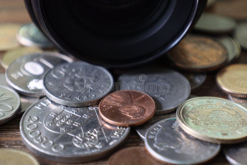 Coins from Various Countries with Camera Lens Stock Image - Image of ...