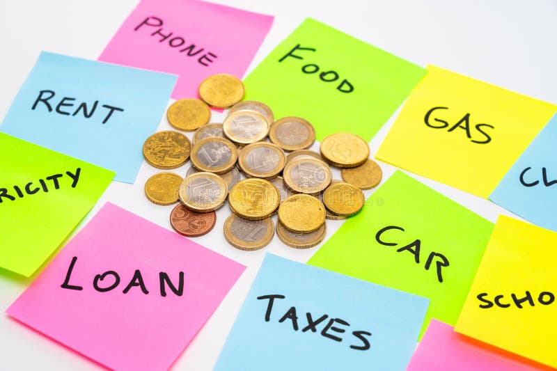 Colorful Sticky Sheets, List of Expenses and Coins Next To Them. Stock ...
