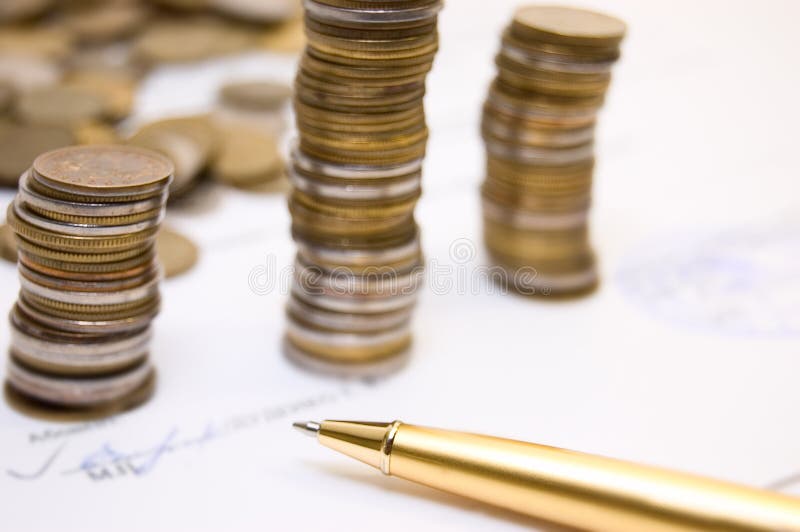 Coins on Written Contract with Pen Stock Image - Image of coin, golden ...
