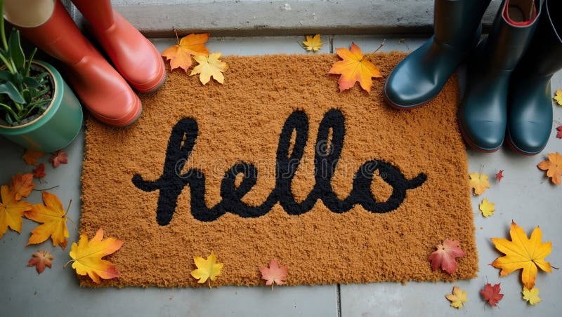 Coir Doormat with Hello in Cursive Autumn Leaves Rain Boots Stock ...