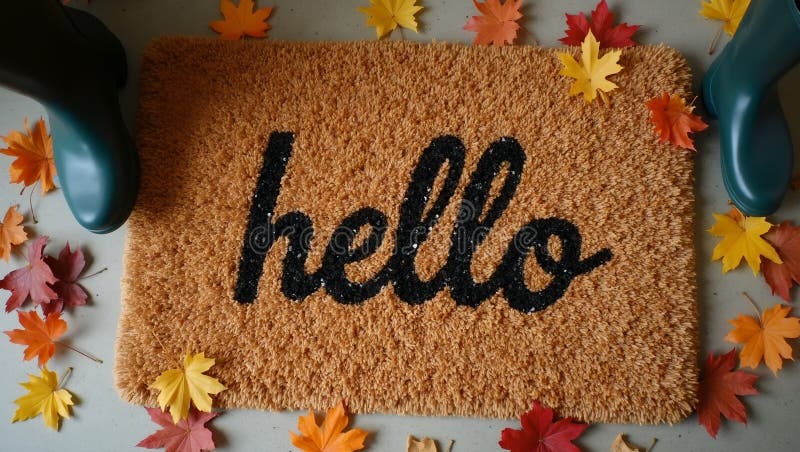 Coir Doormat with Hello in Cursive Autumn Leaves Rain Boots Stock ...