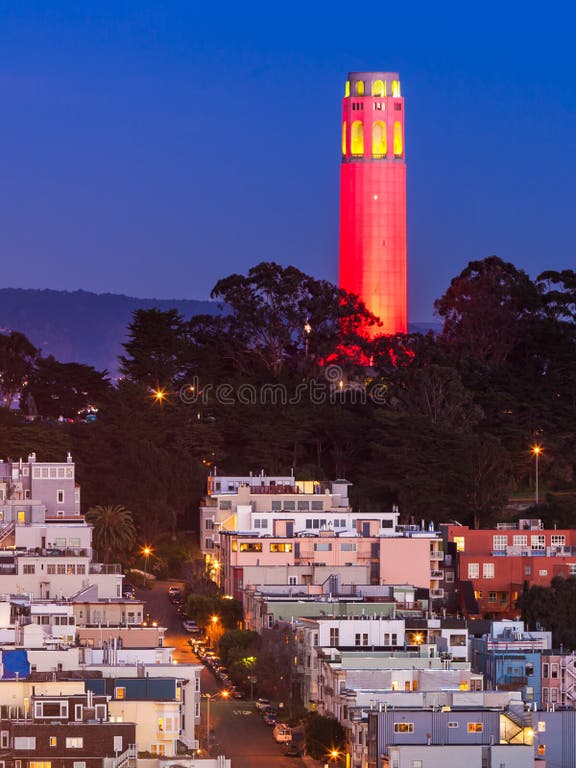 Coit Tower in Red and Gold stock image. Image of cityscape - 28701199