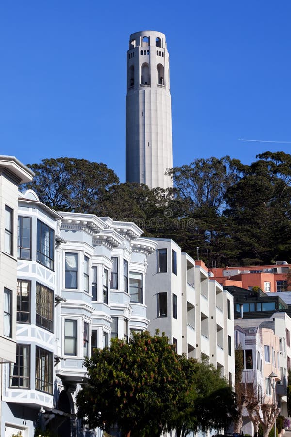 Coit Tower Row Houses San Francisco California Stock Photo - Image of ...