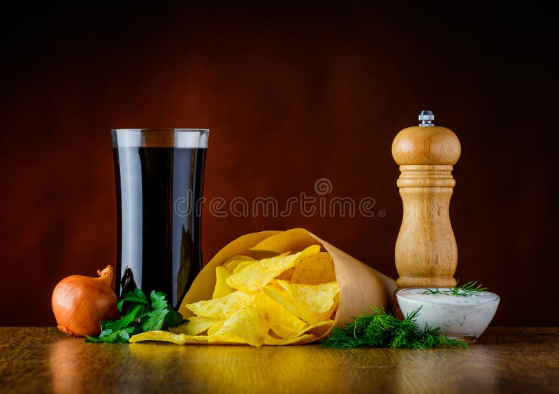 Cola, Potato-Chips and Dip stock image. Image of glass - 65478305