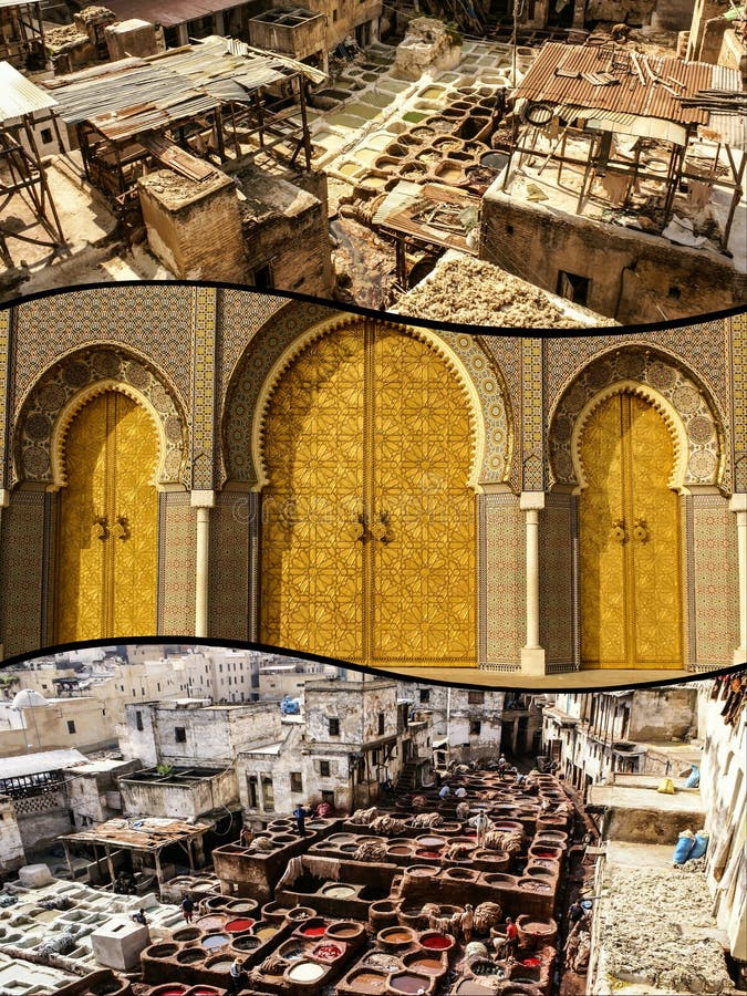 Colagem Do Curtume De Couro De Processamento Tradicional De Fes Em ...