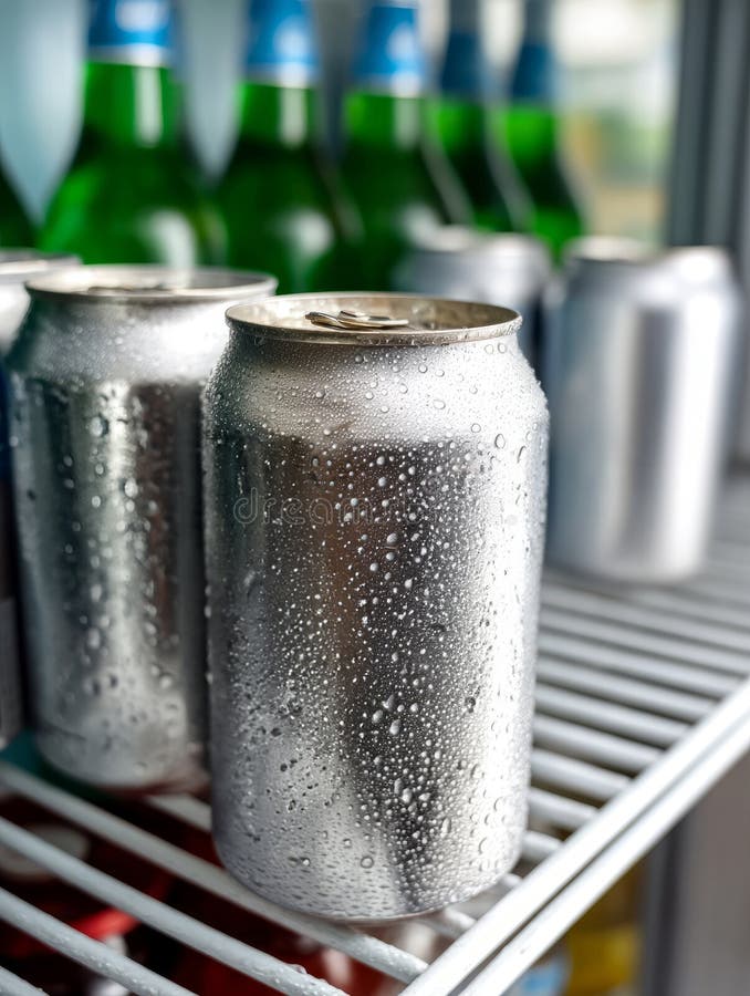 Cold Aluminum Cans with Condensation in a Fridge. Stock Photo - Image ...