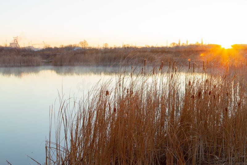 Cold Autumn Morning and Sunrise Over the Lake Stock Photo - Image of ...