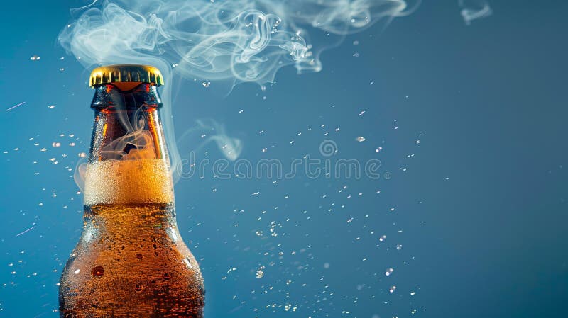 Cold Beer Bottle with Condensation Against Blue Background. Steam Rises ...