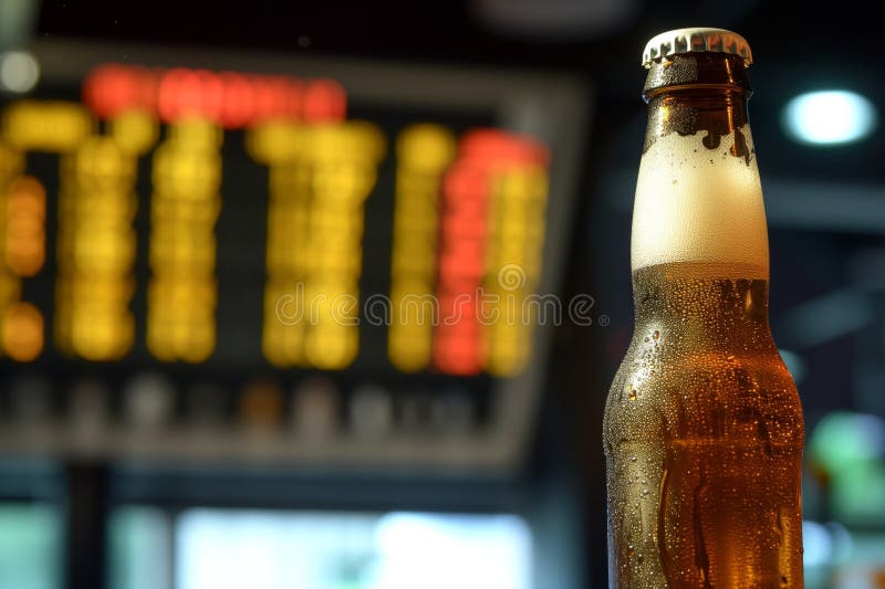 Cold Beer Bottle with Condensation, Scoreboard in Visible Distance ...