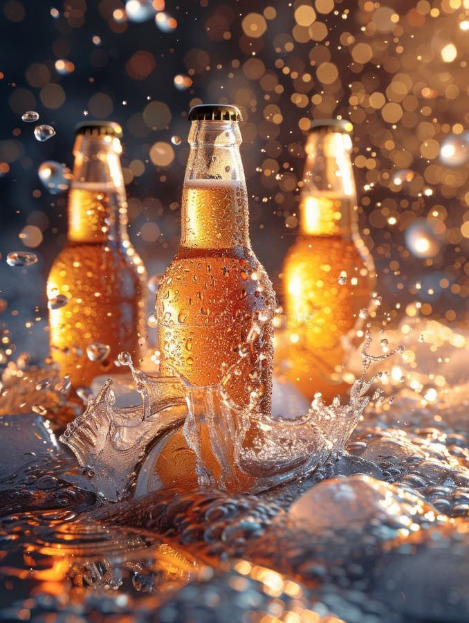 A Cold Beer Bottle in an Explosive Splash, Against a Vivid, Glowing ...