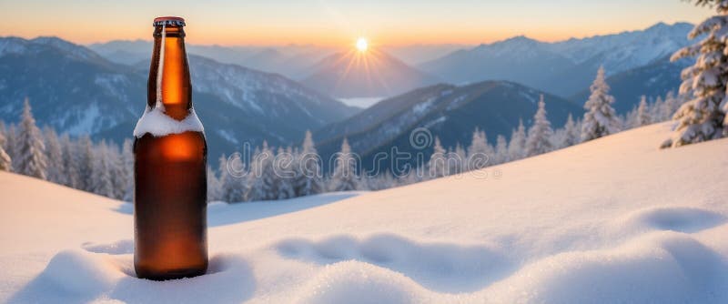 Cold Beer Bottle on Snow in Mountains at Sunset Stock Illustration ...