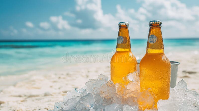 Cold Beer Bottles on Ice with Ocean Background - Refreshing Beach Scene ...
