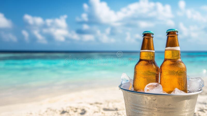 Cold Beer Bottles on Tropical Beach with Blue Ocean Background Stock ...