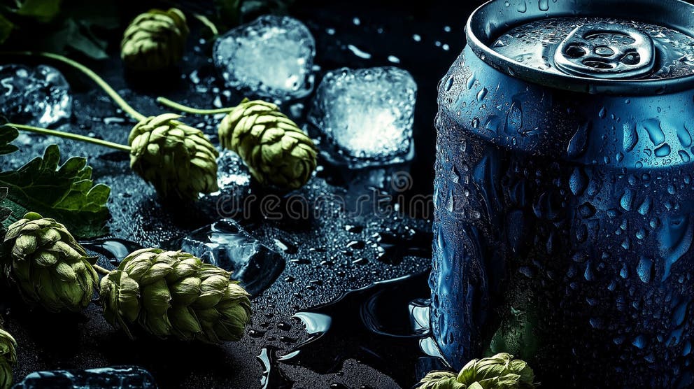 Cold Beer Can with Fresh Hops and Ice Cubes on Wet Dark Surface Stock ...