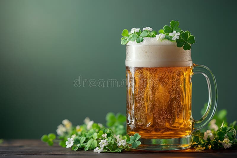 Cold Beer is Decorated with Shamrock for Saint Patrick S Day on Green ...
