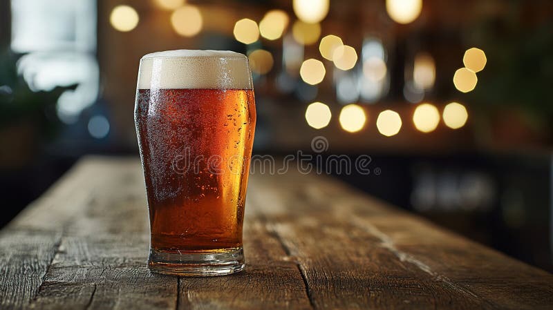 Cold Beer Glass on Wooden Bar with Lights in Background Stock ...