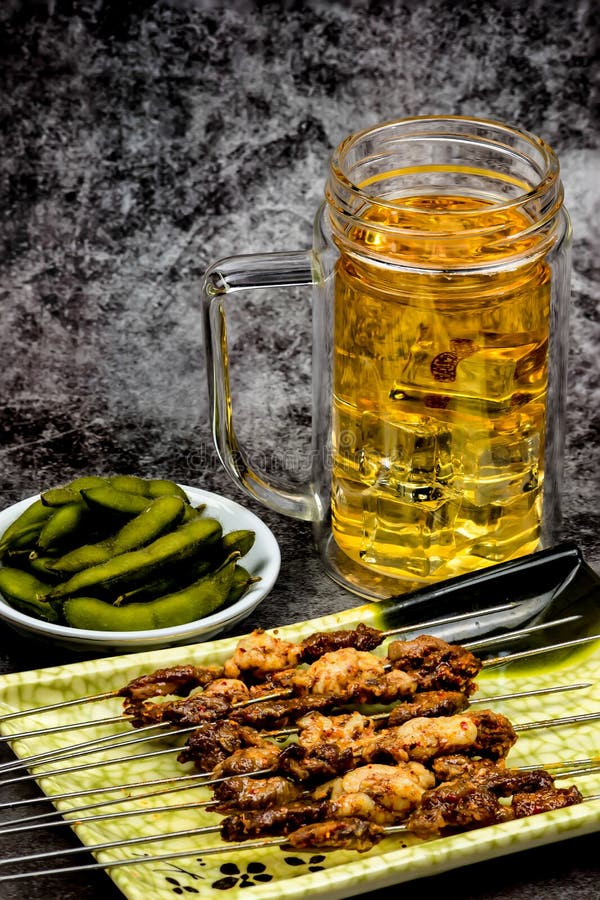 Cold Beer, Kebabs and Cooked Edamame Stock Image - Image of gourmet ...