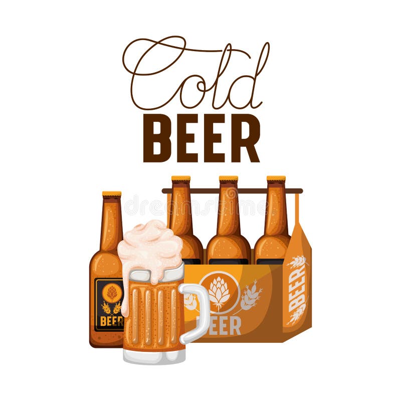 Cold Beer Label with Box and Beer Bottles Stock Vector - Illustration ...