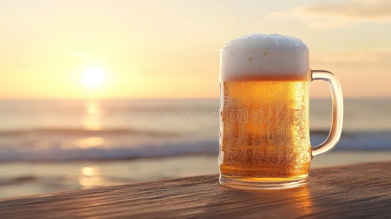 Cold Beer Mug with Foam on a Wooden Table by the Ocean at Sunset Stock ...