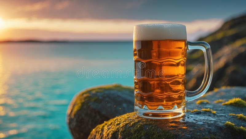 Cold Beer Mug at Sunset by the Tranquil Lakeside Stock Illustration ...