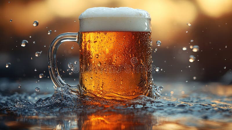 Cold Beer Mug in Water Splash Sunset Stock Illustration - Illustration ...