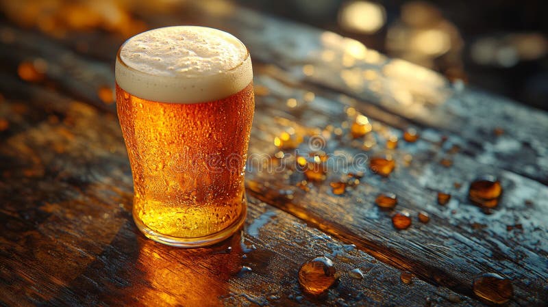 Cold Beer Pint with Frothy Head on Rustic Wooden Table, Warm Sunlight ...