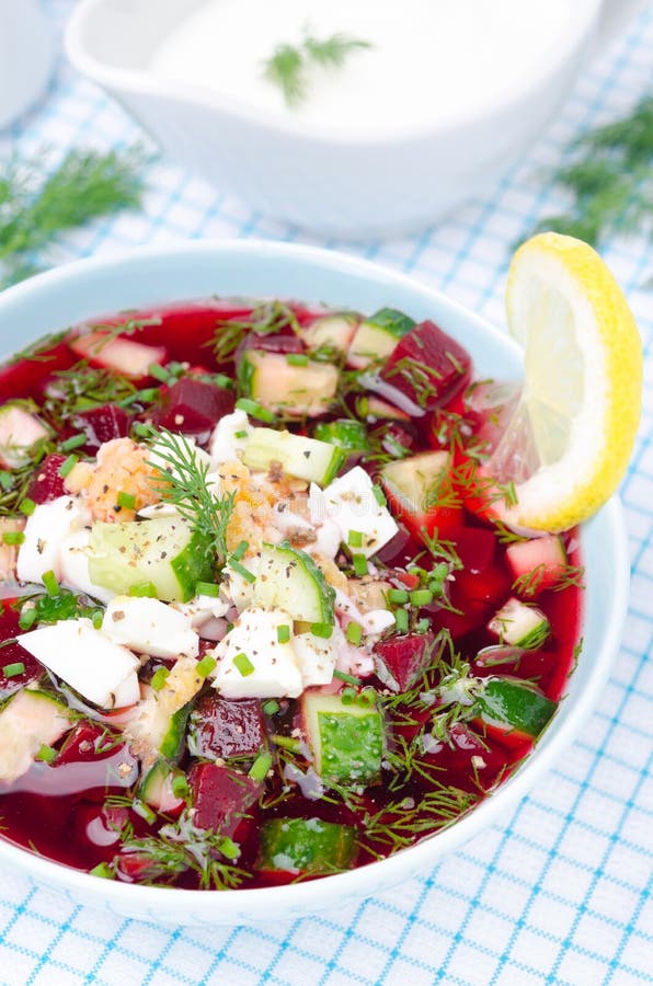 Cold Beetroot Soup with Cucumbers, Eggs and Greens, Close-up Stock ...