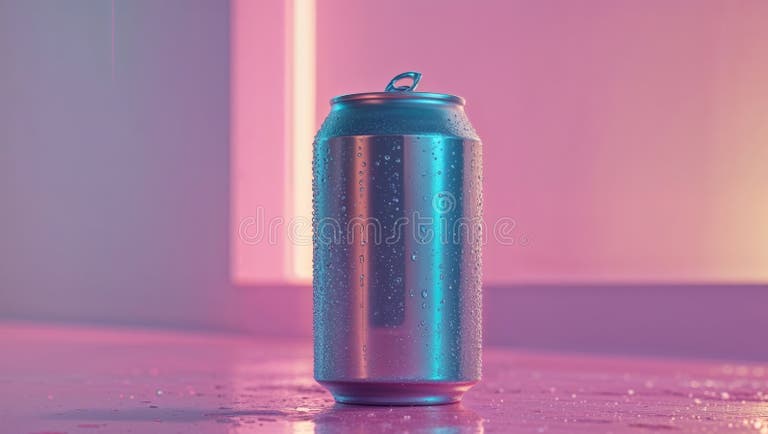 A Cold Beverage Can with Condensation Sits on Pink Surface. Stock Image ...