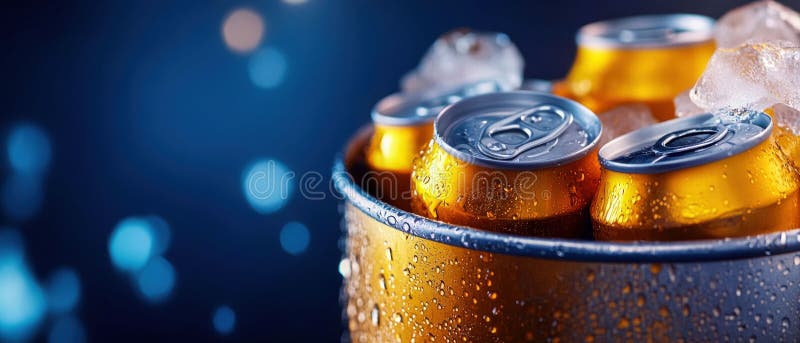 Cold Beverage Cans in Ice Bucket with Bokeh Lights Stock Illustration ...