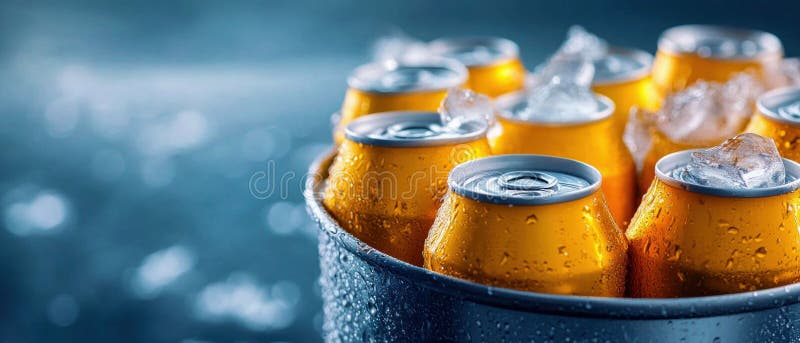 Cold Beverage Cans in Ice Bucket with Bokeh Lights Stock Illustration ...