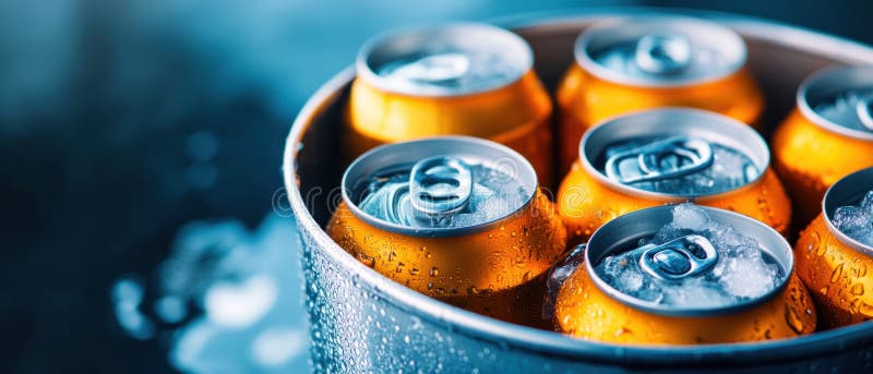 Cold Beverage Cans in Ice Bucket with Bokeh Lights Stock Illustration ...